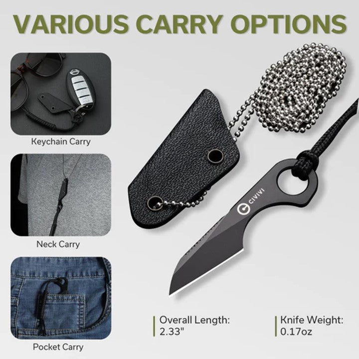 Civivi Gramis Black 14C28N Sheepsfoot Fixed Blade Neck Knife w/ Sheath ...