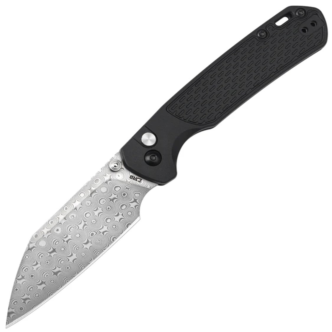 CJRB Pyrite-Light Button Lock Black FRN Folding Damascus Wharncliffe P ...