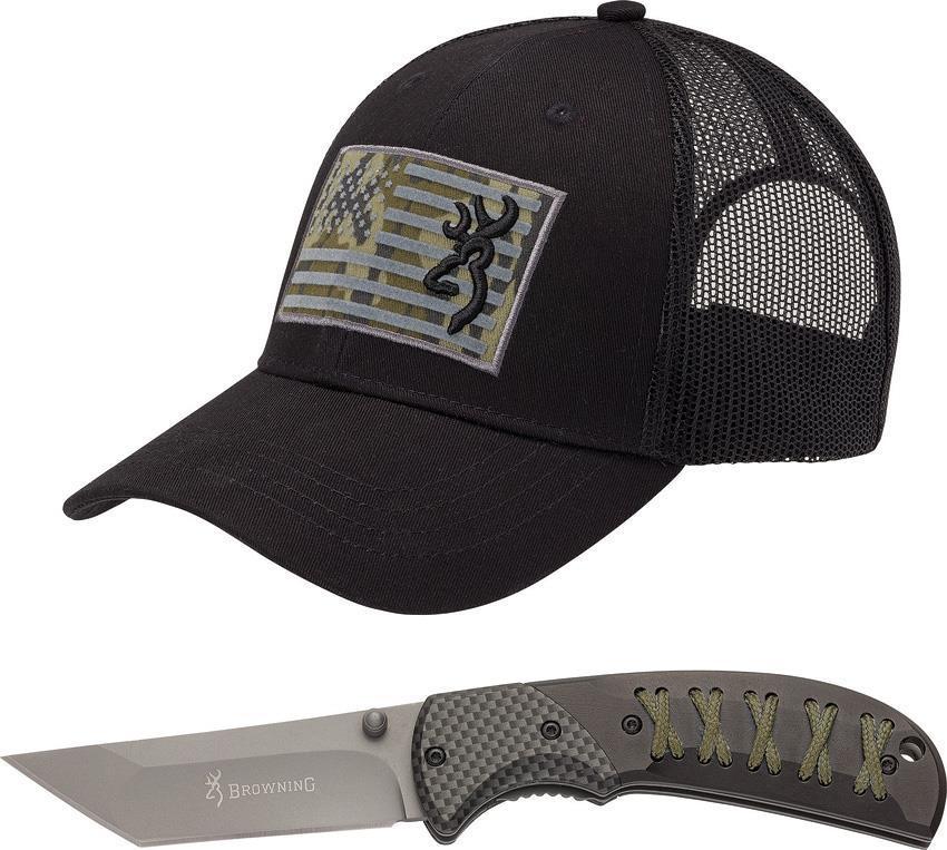Browning Camo American Flag Cap & Folding Drop Pt Knife Combo Lanyard ...