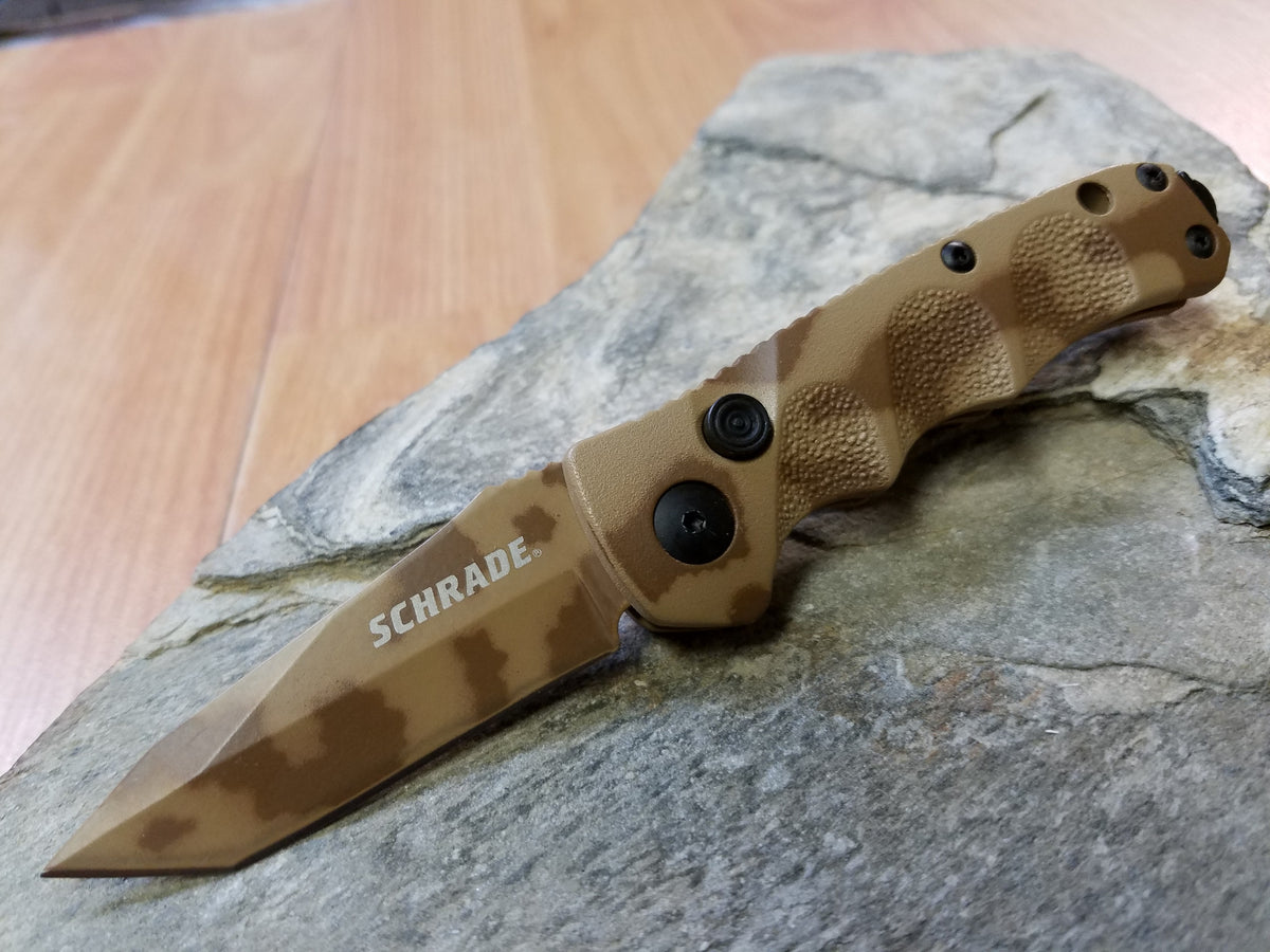 Schrade Mini Extreme Push Button Lock Desert Camo Tanto Folding Knife ...