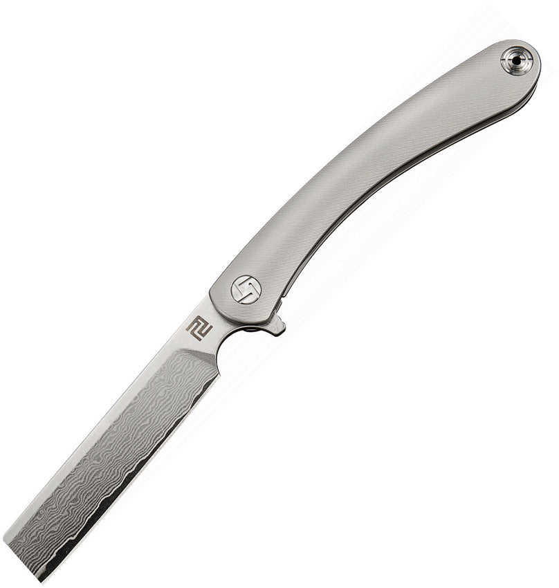 Artisan Cutlery Orthodox Framelock Damascus Steel Gray Titanium Knife ...