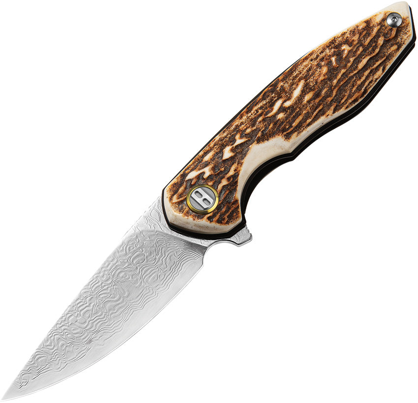 Bestech Knives Bambi Linerlock Stag Horn Folding Damascus Pocket Knife ...