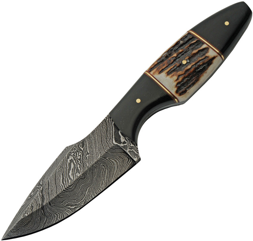 Damascus Hunter Fixed Blade Knife Stag Bone & Buffalo Horn w/ Belt She ...