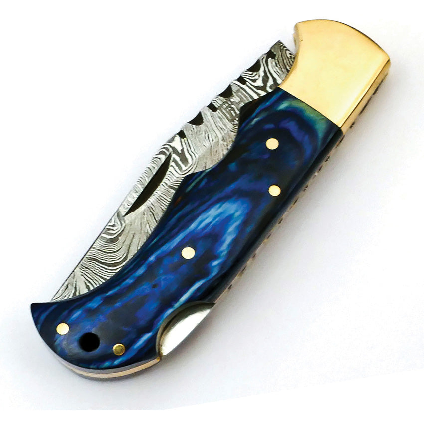 FH Knives Lockback Damascus Blue Folding Damascus Pocket Knife BLU001 ...