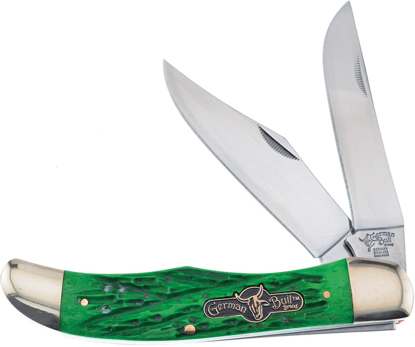 German Bull Pocket Knife Hunter Green Jigged Bone Folding Stainless Bl ...