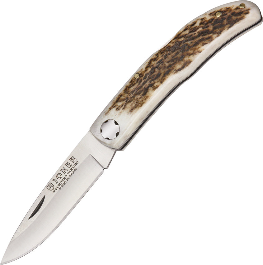 Joker 7" Lockback Stag Handle Satin Vanadium Steel Drop Pt Folding Kni ...