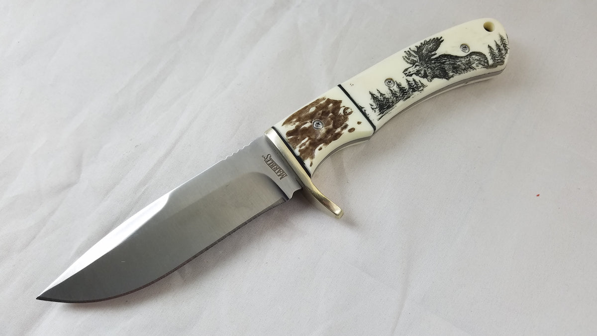 Marbles Scrimshaw White Smooth/Stag Bone Fixed Blade Knife 440 ...