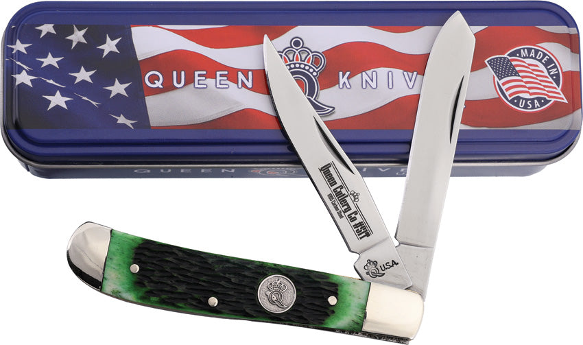 Queen Mini Trapper Green Jigged 1095 Carbon Steel Pocket Knife GPSB07 ...
