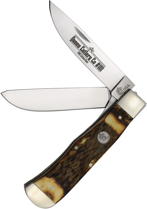 Queen Jumbo Linerlock Trapper Stag Folding 1095 Carbon Steel Pocket Kn ...