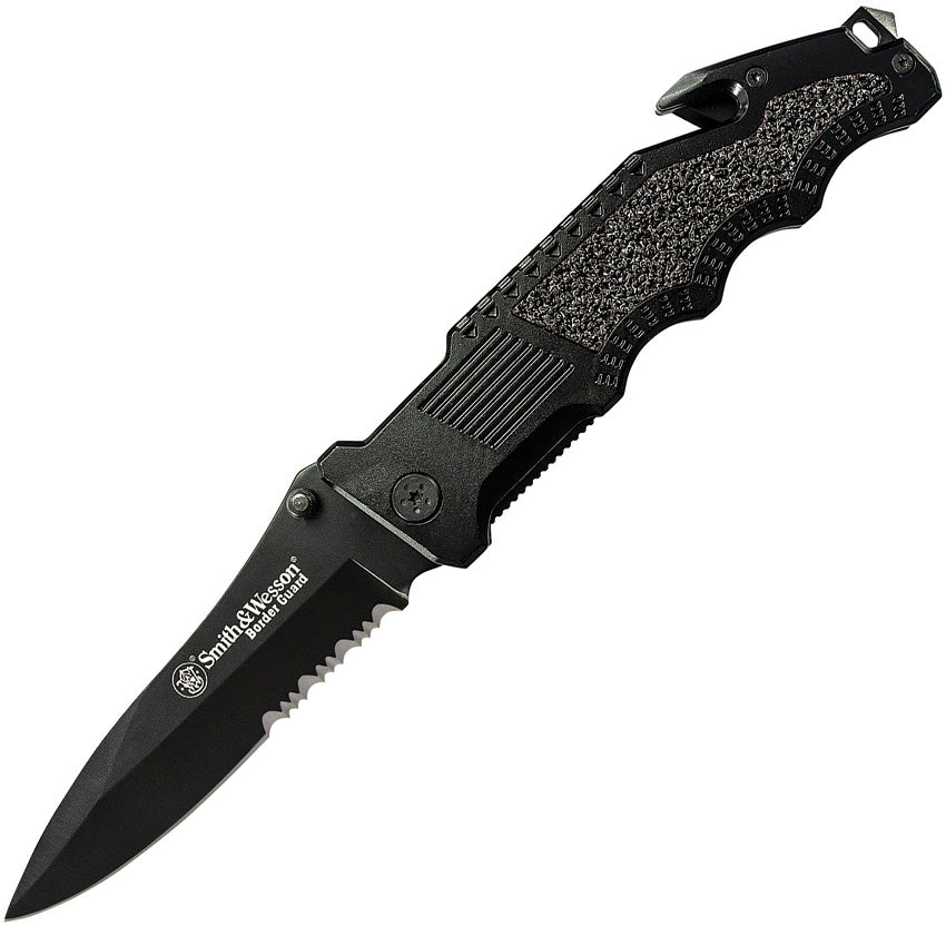 Smith & Wesson Border Guard Linerlock Black Aluminum Folding Serrated ...