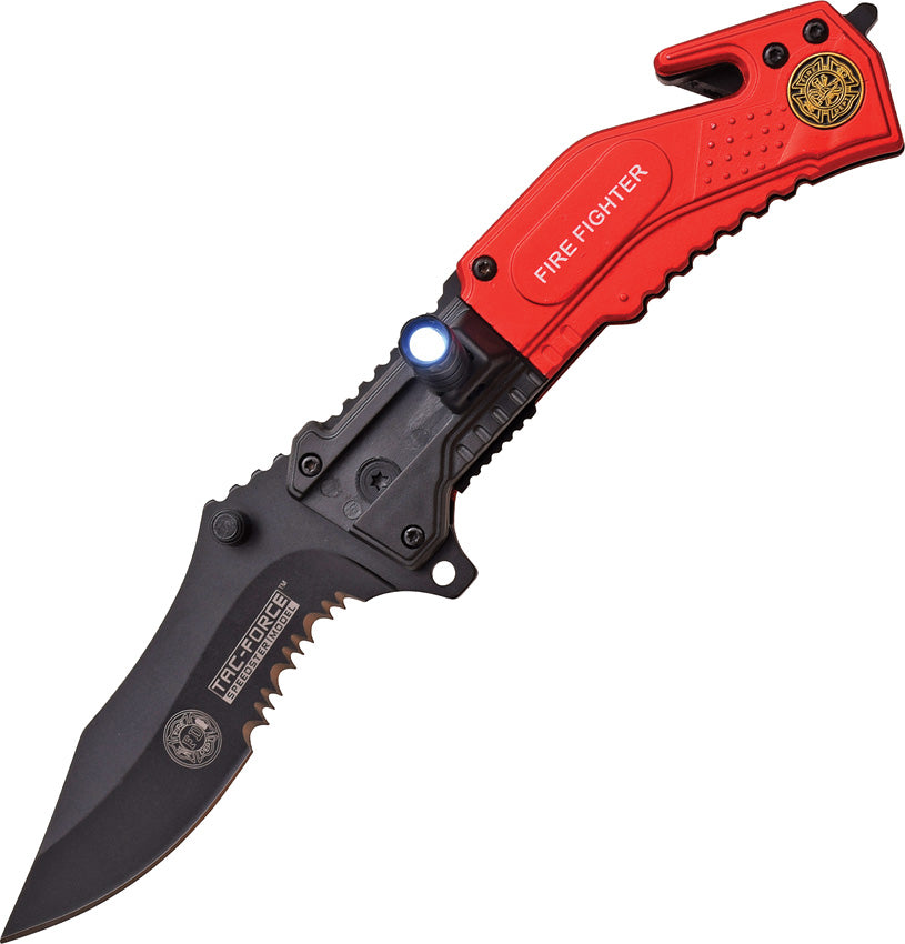 Tac Force Rescue Linerlock A/O Fire Dept Red Aluminum Handle Folding K ...