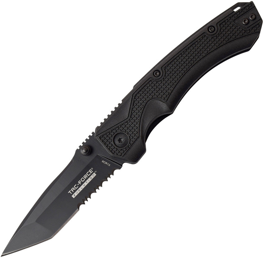 Tac Force Evolution Linerlock A/O Black Handle Serrated Folding Knife ...