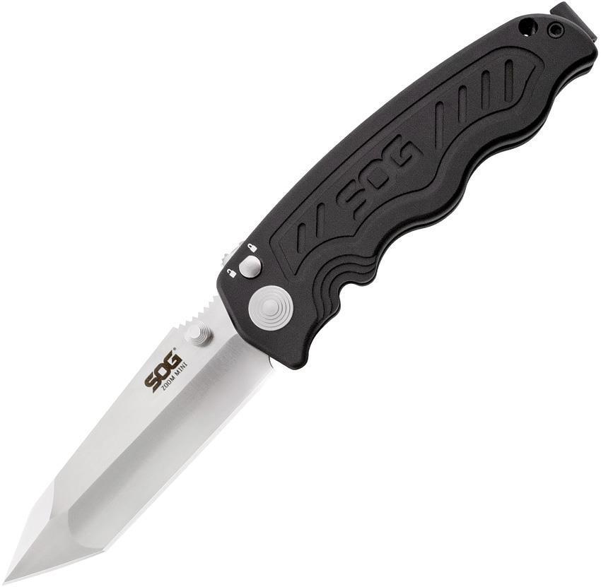 SOG Zoom Mini A/O Tanto Folding Satin Blade Black Folder Handle Knife ...